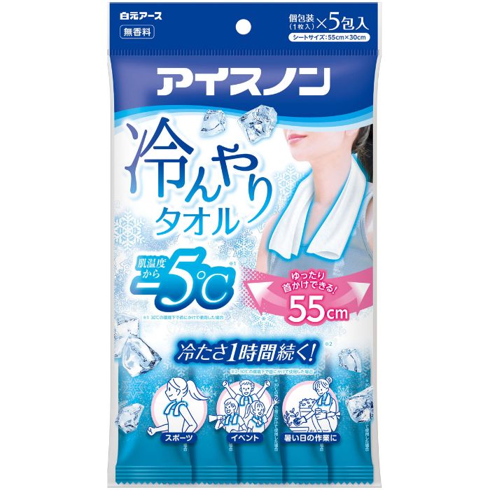[特長]：■冷たさが約1時間続きます。冷感成分トリプル配合※。使いきりタイプで衛生的です。※クール成分（メントール、乳酸メンチル）、冷感補強成分（バニリルブチル）■ゆったり首掛けできる55cm[内容量]：■5包