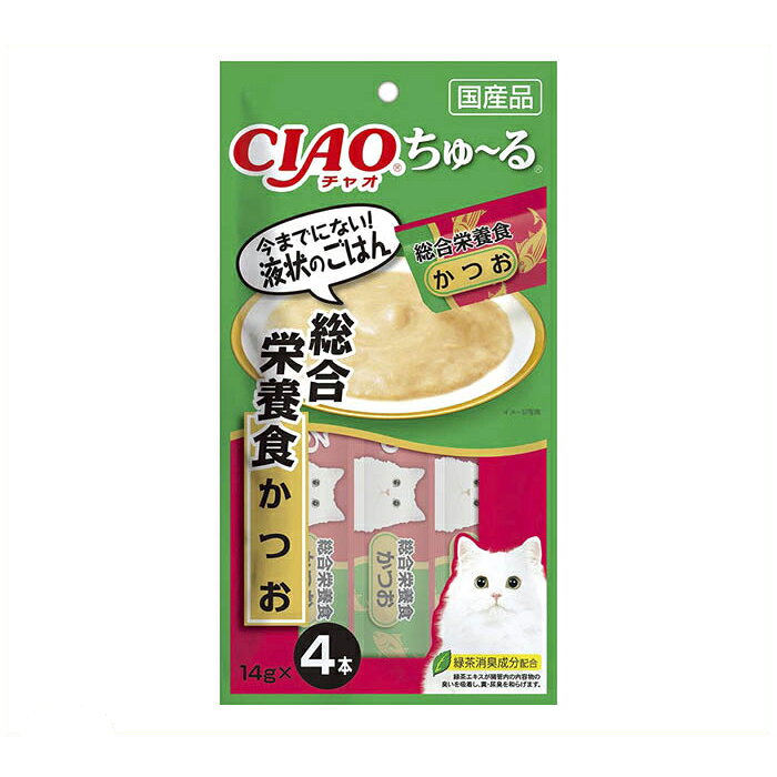 今までにない液状のごはん。食べきりやすい14g×4本。[原材料]:■かつお、鶏脂、かつお節エキス、糖類(オリゴ糖等)、植物性油脂、増粘剤(加工でん粉)、ミネラル類(Ca、Cu、Mn、Zn、I、Fe、Na、P、Cl、K)、造園多糖類、調味料(...