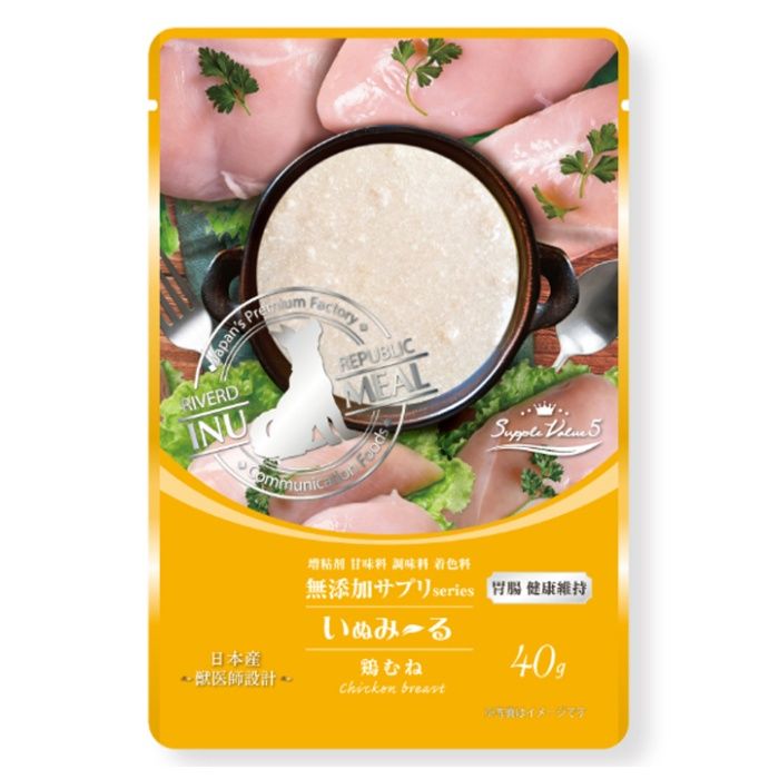 [特長]：■国産無添加みーるごはん■5つの側面から胃腸の健康維持に配慮した厳選素材のみ使用■添加物不使用（増粘剤、甘味料、調味料、着色料無添加）[原材料]：■鶏むね、チーズ、グリーンバナナスターチ、焼き牡蠣粉末、焼き椎茸粉末、寒天、キトサン...