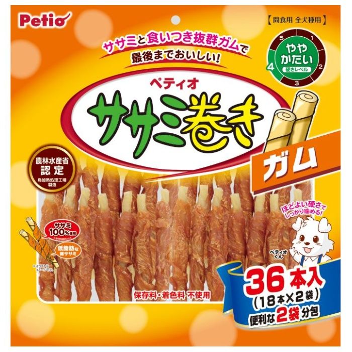 [特長]：旨味たっぷりで低脂肪な鶏ササミを、噛みごたえ抜群で最後まで美味しい牛皮ガムに巻きました。鶏ササミとガムの美味しさが味わえるスナックです。保存料・着色料不使用。[原材料]：鶏ササミ、でんぷん類、牛皮、グリセリン、増粘安定剤（CMC・...