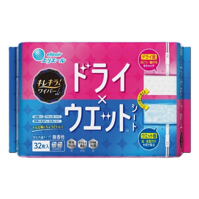 [仕様]：■裏と表で2つの異なる機能を実現する『3層構造シート』。■ドライ面ではほこり・髪の毛をキャッチ、ウエット面では油・皮脂汚れを拭き取る。■除菌99.9％、ウイルス除去、24時間抗菌。[内容量]：■32枚（16枚×2個パック）[原産国...