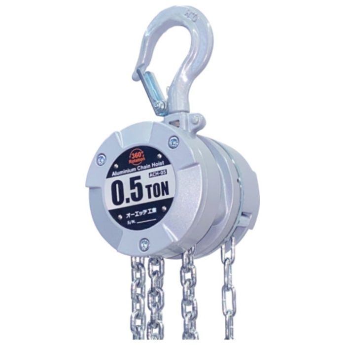 【仕様・規格】アルミチェーンホイスト　定格荷重0.5ton　揚程3m定格荷重（t）：0.5標準揚程（m）：3フック間最小距離（mm）：300ロードチェーン（m）：3ハンドチェーン（m）：2.9材質本体：アルミ質量・質量単位4.6kg生産国　中国