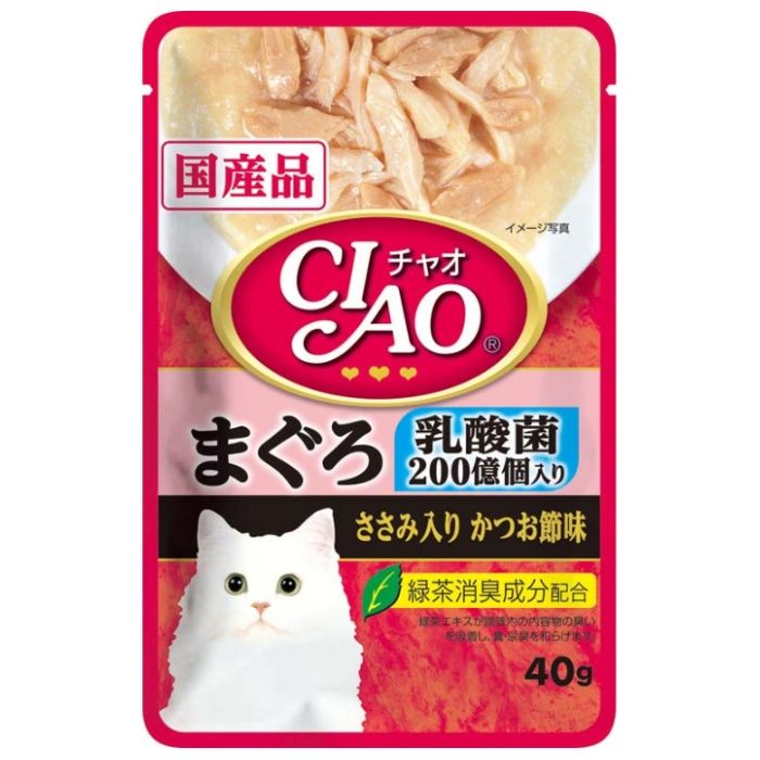 [原材料]：■鶏肉[ささみ]、まぐろ、かつお節エキス、糖類[オリゴ糖等]、殺菌乳酸菌、植物性油脂、増粘剤[加工でん粉]、増粘多糖類、ミネラル類、調味料[アミノ酸等]、ビタミンE、紅麹色素、緑茶エキス[栄養成分表示]：■たんぱく質5.0％以上...