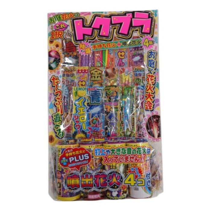 [特長]：■人気の手持ち花火プラス噴出花火4個付き。■打上や大きな音の花火は入っていないので、お庭でする花火に最適。■たくさん入った特盛サイズで、たっぷり遊べる。