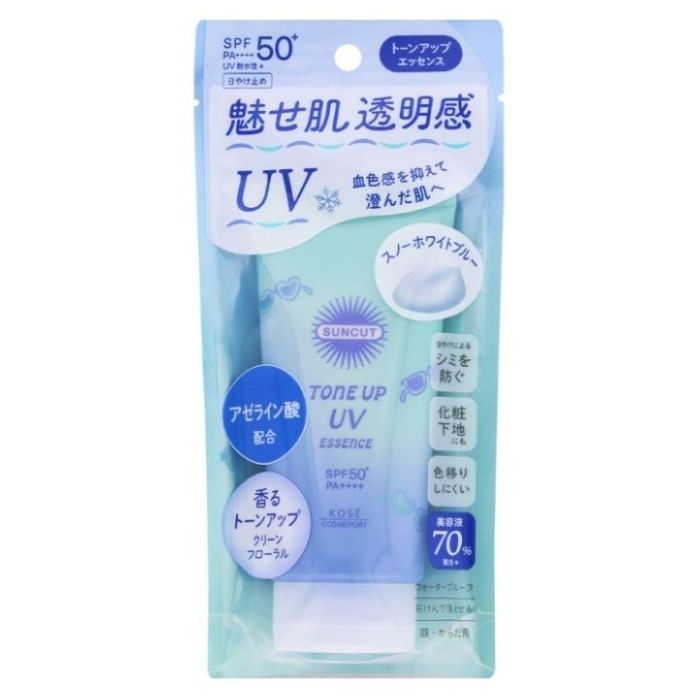 [特長]：■UVカットしながら、色と光の効果で素肌をキレイに魅せるトーンアップエッセンス。■美容液70％配合でうるさら素肌へ。■血色感をおさえて透明感を与えるスノーホワイトブルー。■色移りしにくい。■化粧下地にもつかえる。■SPF50+　P...