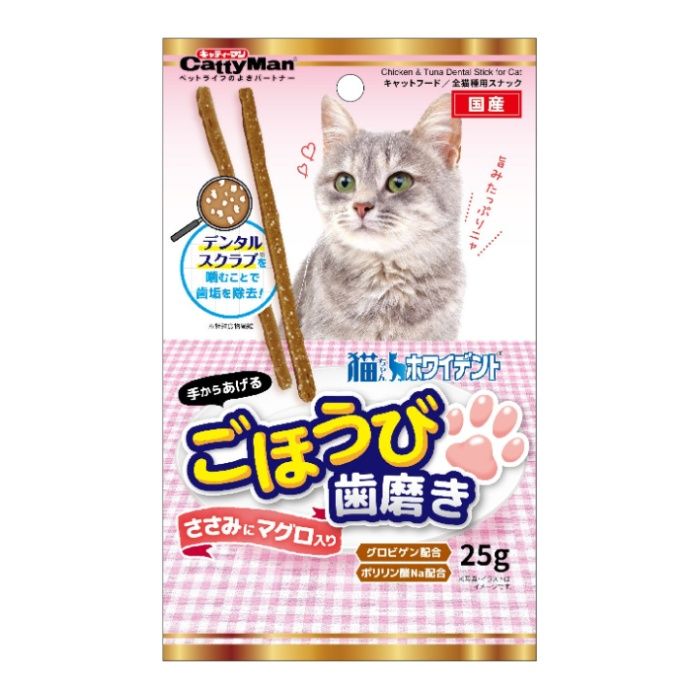 [特徴]：■猫ちゃんのおいしいデンタルケアスナック。デンタルスクラブを噛むことで歯垢を除去!■おくちの健康を維持する特殊卵黄成分（グロビゲン）、ポリリン酸ナトリウム配合。旨みたっぷりなマグロ入り。[原材料]：■肉類（鶏肉、鶏ササミ）、小麦粉...