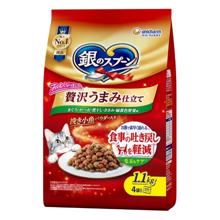 [特徴]：■お魚のうまみたっぷりの贅沢うまみ仕立て■独自の食物繊維配合技術で、お腹の中で粒がすばやくふやけて崩れるので、ドライフードを粒のまま吐き戻すことを軽減します。■毛づくろい等で飲み込んでしまった毛の排泄を助けるために、食物繊維を配合...