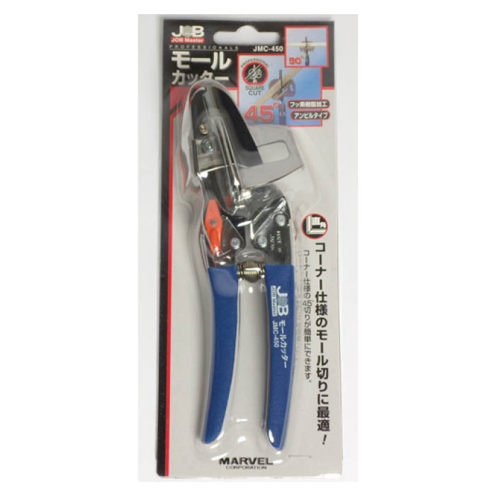 全長：205mm刃長：45mm質量：280g材質：刃／高級炭素刃物工具鋼、ハンドル／フッ素樹脂加工特長：■コーナーカット用の90度（直角）、45度（コーナー）切りモールガイド付です。■ホース、生木、ロープ等20mmまで切断可能です。用途：■...