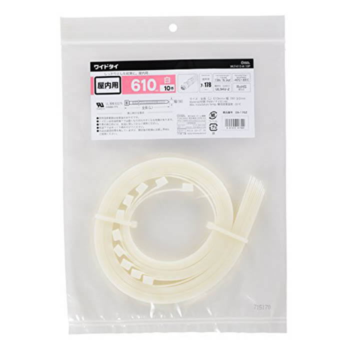 ■ 太いパイプの結束などに便利です。■ 屋内用[仕様]：■ 白■ 10本入り■ 結束径：7~178mm■ ループ引張強度：778N／79.3kgf■ 使用温度範囲：-40度~85度■ 主原料：難燃性UL94V-2■ サイズ：全長610mm×...