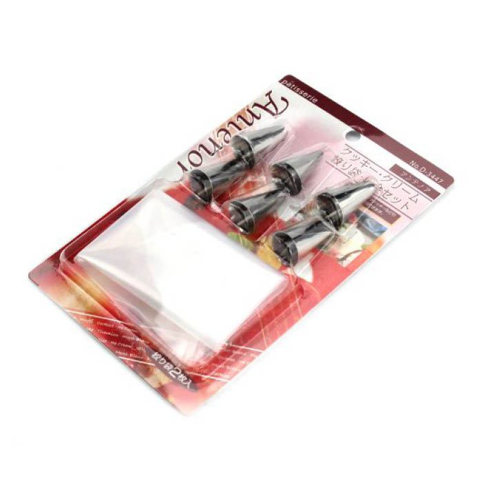 [仕様]:■メーカー型番:D-3447■サイズ(約):外径18×全長24.5cm×厚さ0.08mm■セット重量(約):40g■材質:絞り袋:ポリエチレン(耐冷温度ー20度)、口金:ステンレス鋼■セット内容:絞り袋2枚、花口金3切、花口金5切...