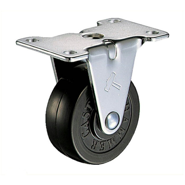 車輪：ゴム。[仕様]:■車輪サイズ　65mm■耐荷重　30kg■取付高　82mm■形状　固定■ストッパー　無し■取付穴径　6.5mm[用途]:■車輪がゴムで弾性を持っているため、クッション性を要求される場合には最適。■重量よりも容量の大きな...