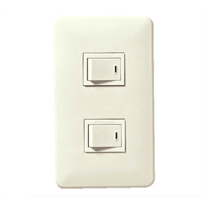 [特長]：■片切タイプの埋込ダブルスイッチBです[仕様]：■スイッチ数：2■定格：15A 300V■幅（mm）：70■長さ（mm）：120■厚さ（mm）：32.5■色：ミルキーホワイト■モダンプレート付[サイズ]:185 x 83 x 39