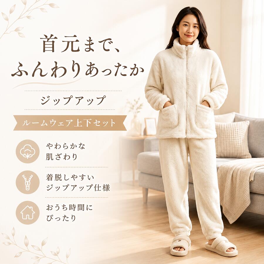 商品詳細:商品説明首元まで包みやすいスタンドカラーデザインの、秋冬向けレディースルームウェア。フロントファスナー仕様で着脱しやすく、両サイドのポケットも普段使いに便利です。ふんわりとした風合いとゆったりしたパンツを組み合わせ、リラックス感の...