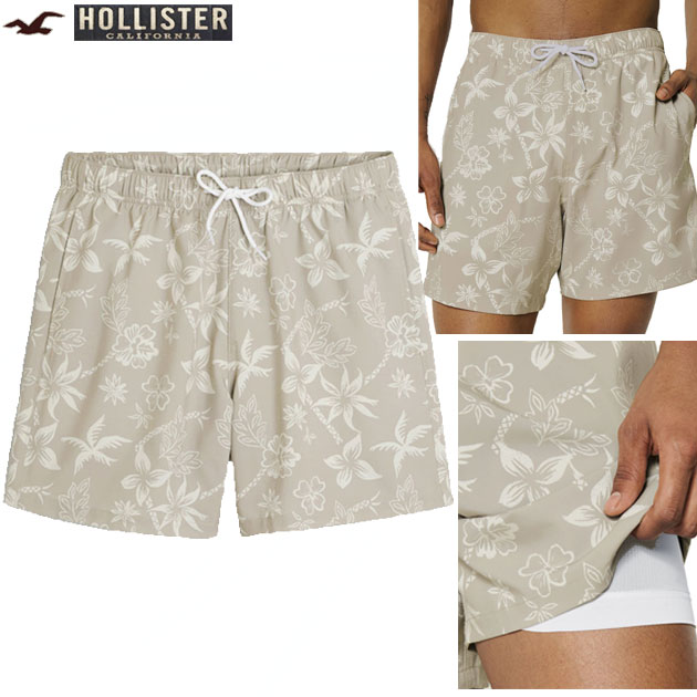 【追跡可能メール便対応商品】【Hollister USA Men】メンズスイムパンツ Hollister co.ホリスターメンズ ミドル丈 ボレースイムトランクス カラー タンカラー(フローラル) 平置き実寸サイズ 【Mサイズ】ウエスト(内...