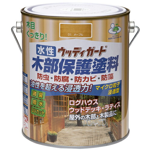 【仕様】 ●実寸法：φ141×168mm ●成分：合成樹脂（アルキド・アクリル）、顔料、木材防虫剤、防腐剤、防かび剤、防藻剤、水 ●原産地：日本【商品特長】 ●油性を超える浸透力で内部から木の腐食を防ぎます。【使用上の注意】 用途以外には使...