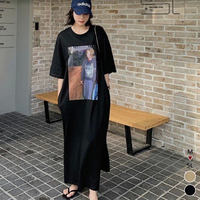 ワンピース ロングワンピース マキシ丈ワンピース クルーネック レディース ロング マキシ 半袖 モノクロプリント付き マキシワンピ サイドスリット 綿 夏 ルームウェア マタニティ マキシワンピ 大きいサイズ M L XL 2XL 3XL...