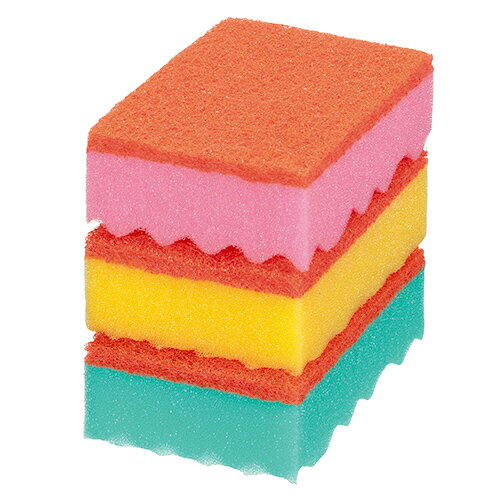 不織布とスポンジを貼り合わせた、1つで2役のスポンジ。ソフトタイプ。キクロンPROソフト3P。衣料・生活用品 ＞ 生活雑貨 ＞ キッチン用品 ＞ スポンジ・たわし。●研磨剤不使用、ゴムの吸着力で食器をキズつけずに汚れを落とす。