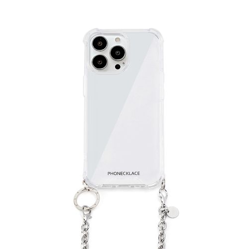 PHONECKLACE チェーンショルダーストラップ付きクリアケース for iPhone 15 Pro Max　シルバーPHONECKLACE「チェーンショルダーストラップ付きクリアケース」は、肩や首からiPhoneをかけることができるク...