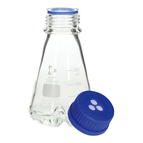 ねじ口振盪三角フラスコ（下部バッフル付）250ml (1個)ねじ口振盪三角フラスコ（下部バッフル付）250ml (1個)。バッフルが底面にある構造の振盪フラスコです。ねじ口メンブレンキャップ付きのため、オートクレーブの際にキャップを緩める必...