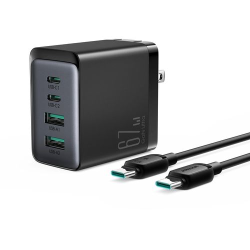 　67W出力PD対応充電器。4ポート(2C2A)を搭載し、4台のデバイスを同時に急速充電可能。様々なノートパソコン、タブレット、スマホに対応。