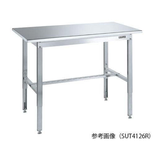 ステンレス高さ調整作業台 (天板R付) W1200×D600×H700〜900mm (1台)ステンレス高さ調整作業台 (天板R付) W1200×D600×H700〜900mm (1台)。脚部に角パイプを使用した高さ調整作業台です。高さ700...