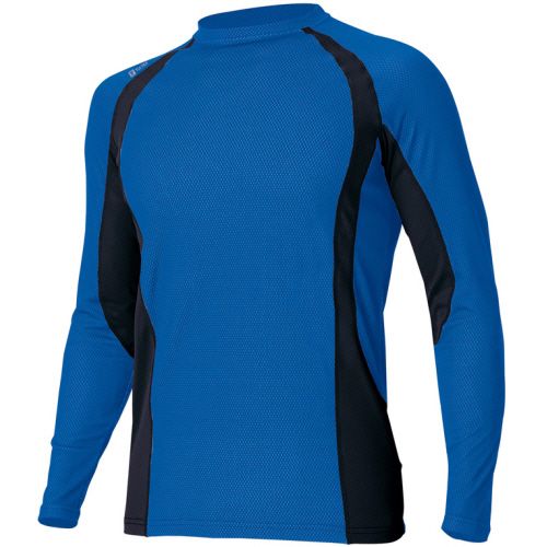 遮熱・冷感効果のコンプレスフィット長袖シャツ。AZ-551034-006-L。衣料・生活用品 ＞ 衣料・ユニフォーム ＞ 作業服 ＞ シャツ。●特殊鉱石を練り込んだ素材が太陽光の熱線を軽減する快適＆涼感ニット、長袖シャツのLサイズ・ブルーで...