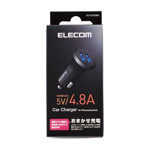 　おまかせ充電に対応したUSBポートを2ポート搭載！2ポート合計4.8A出力でスマートフォンの2台同時充電が可能な車載充電器。検索キーワード:ELECOM | えれこむ | カーアクセサリー |