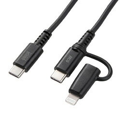 1本で2役!Lightning・Type-C対応の2in1ケーブル。MFi認証品。ブラック。USB2.0 Type-CケーブルにLightning変換アダプタが付属し、スマホやタブレットを1本で快適に接続できます。＜br＞Type-CとLi...