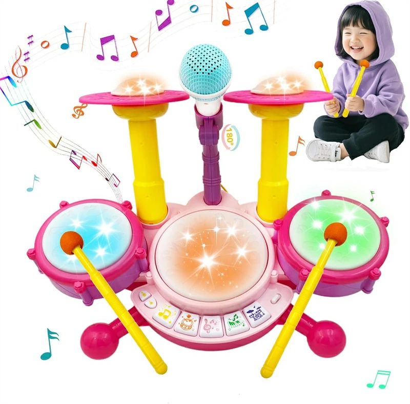 【ドラムセット 子供 マイク付きの楽器おもちゃ】 ドラムセット 子供は、3 つのドラムパッド、2 枚のシンバル、角度調節可能なマイク、2 本のドラムスティックを装備したキッズドラムセットです。打楽器の機能を結合し、子供が簡単にリズムの楽しさ...