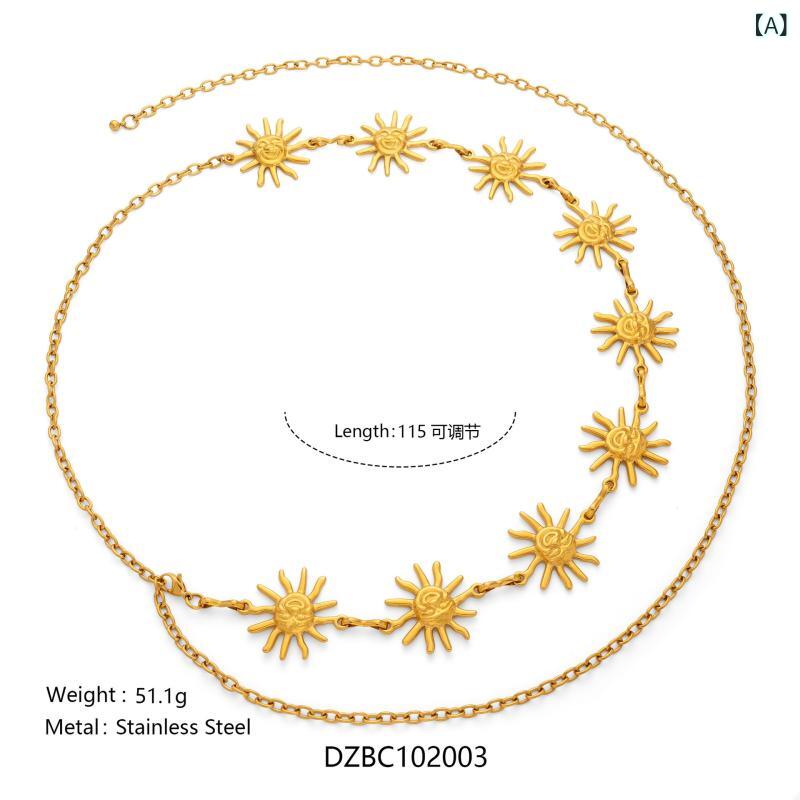 ・カテゴリ: ウエストチェーン・スタイル: 欧米風・素材: チタン鋼・デザイン: 太陽モチーフ・性別: 男女兼用・対象年齢: 若者向け・タイプ: シングルループ・長さ: 115cm・カラー展開: 金色、銀色・シーズン: 夏、冬、春、秋