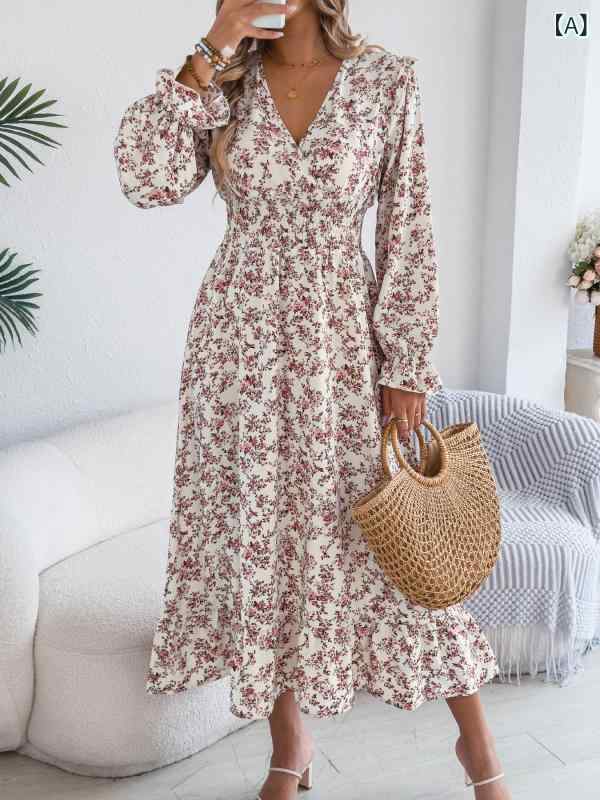 ・カテゴリ: ワンピース・スタイル: 欧米風、ストリートカジュアル、個性派・主な素材: ポリエステル95%以上・生地タイプ: プリントストレッチ・柄: 小花柄・加工: 高温定型・丈: ロング丈・シルエット: Aライン・ネックライン: Vネッ...