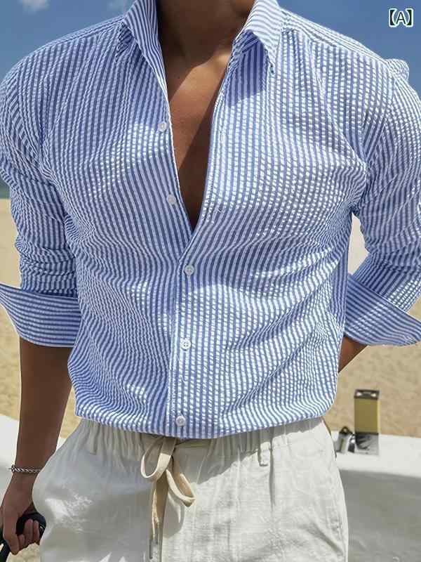 ・カテゴリ: シャツ・スタイル: ストリートカジュアル・種類: カーディガン・主な素材: ポリエステル100%・生地番手: 20番手・フィット: ルーズフィット・ネックライン: 襟付き・袖丈: 長袖・柄: ストライプ・厚さ: 普通・加工: ...