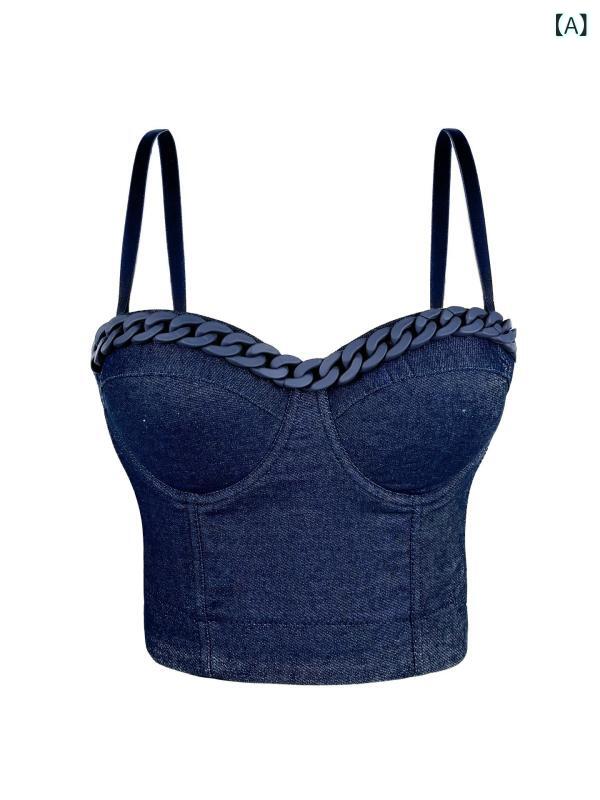 ・カテゴリ: キャミソール・フィット: スリム・丈: ショート丈 (40cm以下)・デザイン: チェーン・主な素材: ポリエステル70〜80%、ポリウレタン30%以下・カラー展開: デニムブルー・サイズ展開: 34B/75, 36B/80,...