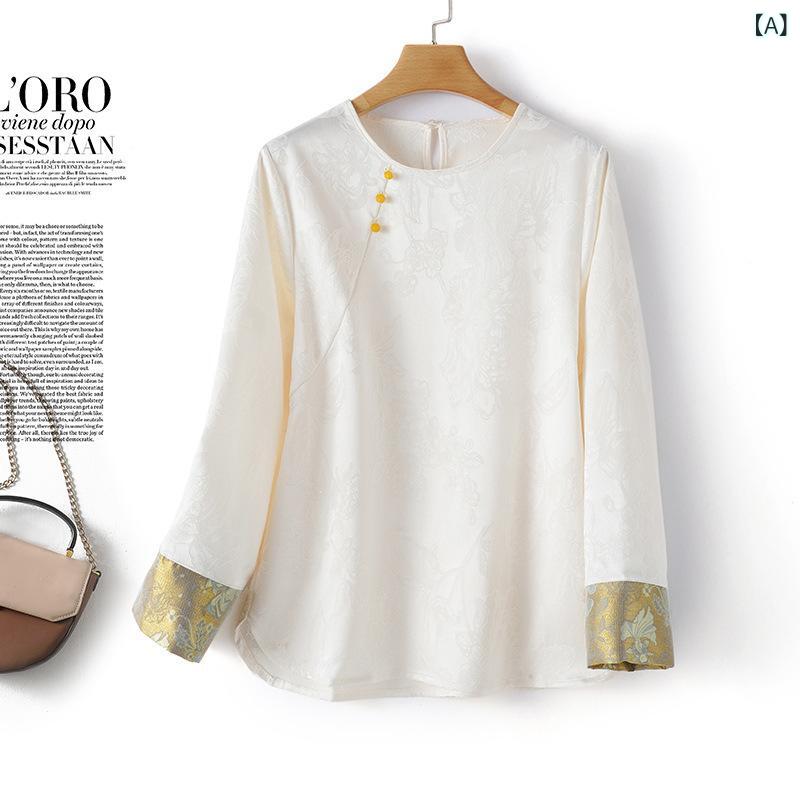 ・カテゴリ: シャツ・スタイル: プルオーバー、レトロ、チャイナ風、エレガント・主な素材: 絹90～95%、スパンデックス30%以下・柄: 無地・ネックライン: クルーネック・袖丈: 長袖・シルエット: ストレート・着丈: レギュラー・加工...