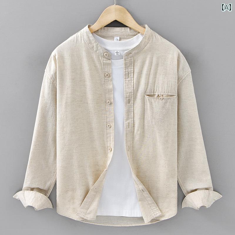 ・カテゴリ: シャツ・スタイル: 中国風・デザイン: 開襟・主な素材: 麻混紡（リネン27.1%）・機能: 通気性、吸湿速乾・番手: 40番手・フィット: ゆったり・ネックライン: スタンドカラー・袖丈: 長袖・柄: 無地・厚さ: 普通・デ...