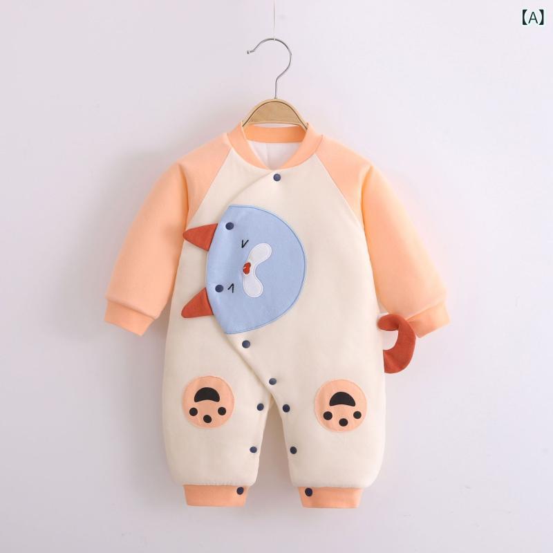 ・主な素材: 綿95%・対象年齢層: 新生児(0〜1歳、身長80cm以下)・性別: ユニセックス・袖丈: 長袖・厚み: 厚手・留め具: スナップボタン・スタイル: カジュアル・カテゴリ: ロンパース・カラー展開: オレンジ、イエロー、ブルー...