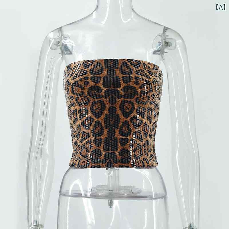 ・デザイン: チューブトップ・スタイル: ストリート、セクシー・性別: レディース・対象年齢: 成人・着丈: ショート丈（約40cm～50cm）・フィット: スリム・柄: レオパード柄・装飾: スパンコール・主な素材: ポリエステル80%～...