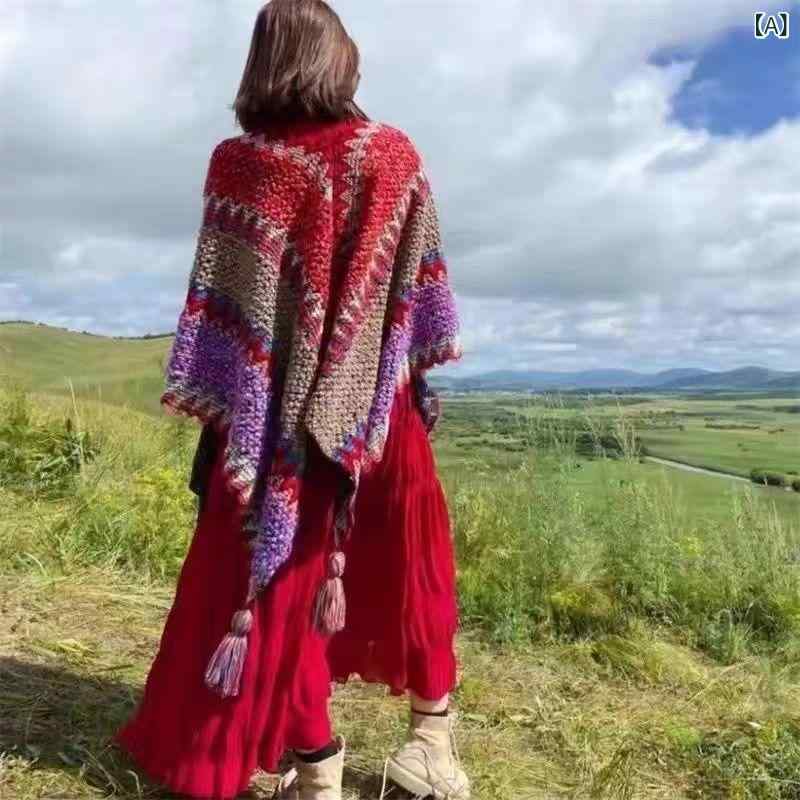 ・性別: レディース・素材: 毛糸・カラー展開: レッド/パープル、レッド/グリーン、グレー、ライトピンク、ベージュグレー・スタイル: レトロエスニック・サイズ: 約110×125cm・編み方: 経編み・柄: 配色・用途: 装飾・加工方法:...