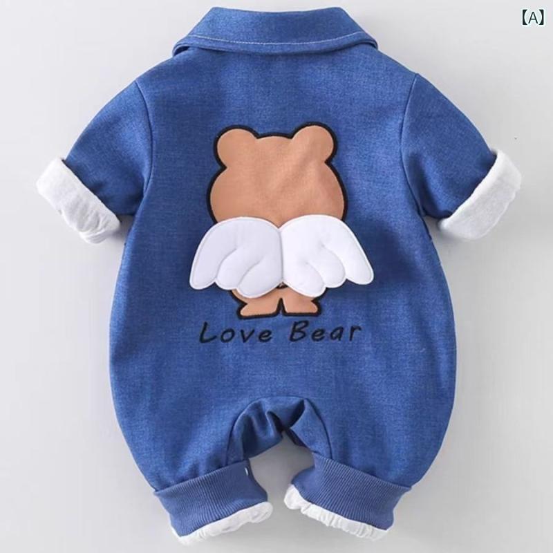 ・カテゴリ: ロンパース・スタイル: 韓国風・主な素材: 綿65%混紡・袖丈: 長袖・厚さ: 普通・開閉: スナップボタン・柄: デニムエンジェルベア・対象年齢: 新生児（0〜1歳頃）・性別: 男女兼用・サイズ展開: 66cm、73cm、8...