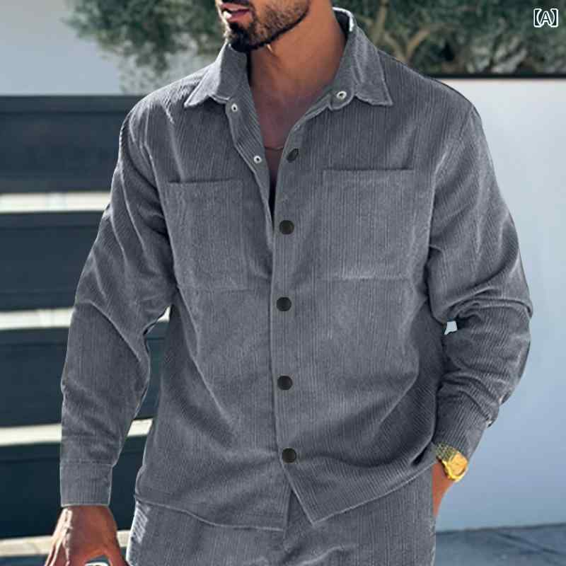 ・機能: 通気性・カテゴリ: シャツ・スタイル: シンプル・対象年齢: 24～35歳・ネックライン: 襟付き・フィット: 標準・前立て: シングルボタン・柄: ストライプ、無地・生地: コーデュロイ・主な素材: ポリエステル・裏地素材: ポ...