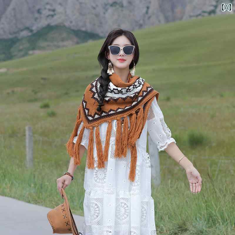 ・性別: 女性・主な素材: 毛糸・カラー展開: キャラメル、ライトブラウン・スタイル: 民族風・機能: 保温・タイプ: 三角巾