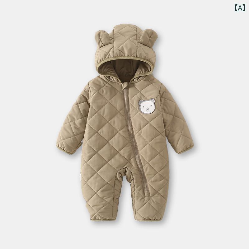 ・カテゴリ: ロンパース、カバーオール・スタイル: 韓国風・対象年齢: 新生児(0〜1歳、80cm以下)・性別: 男女兼用・袖丈: 長袖・デザイン: フード付き・厚み: 厚手・開閉タイプ: ジッパー・カラー展開: カーキ、オフホワイト、ピン...