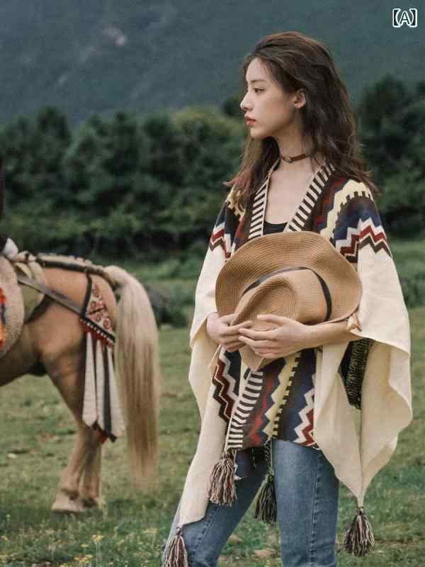 ・性別: 女性・素材: アクリル、人工ウール・カラー展開: ベージュ、パープル、ブルー、レッド、グレー・スタイル: レトロエスニック・幅: 100cm・編み方: 横編み・柄: マルチカラー・機能: 保温・加工方法: ジャカード織り・デザイン...