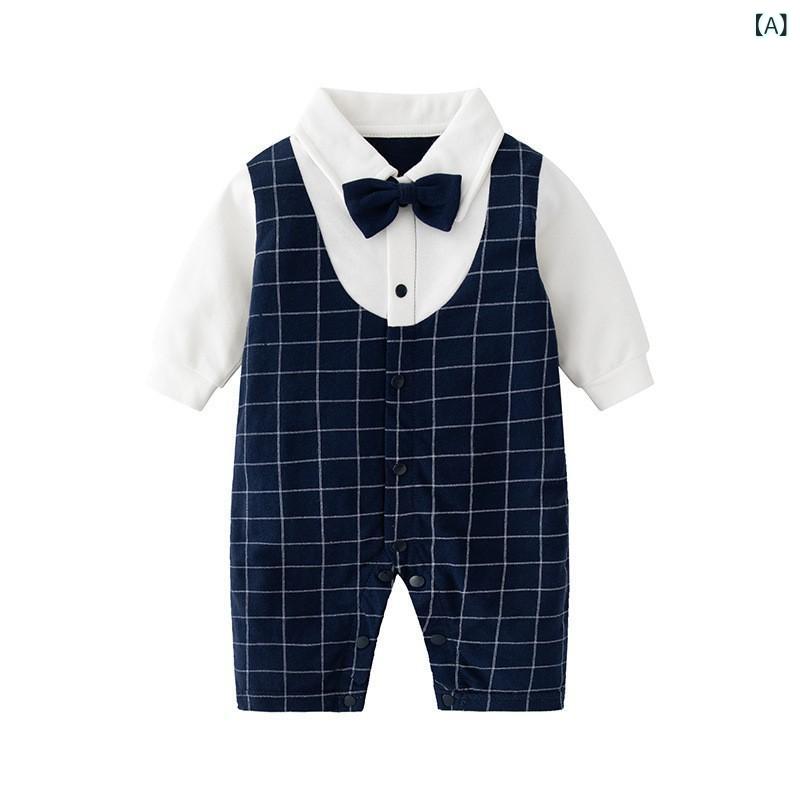 ・カテゴリ: ロンパース、カバーオール・主な素材: 綿95%・対象年齢: 新生児（0〜1歳、身長80cm以下）・袖丈: 長袖・カラー展開: 宝藍格子、紺色ストライプ、ワインレッドストライプ、紺色、グレー地エンブレム、白地エンブレム、エアフォ...