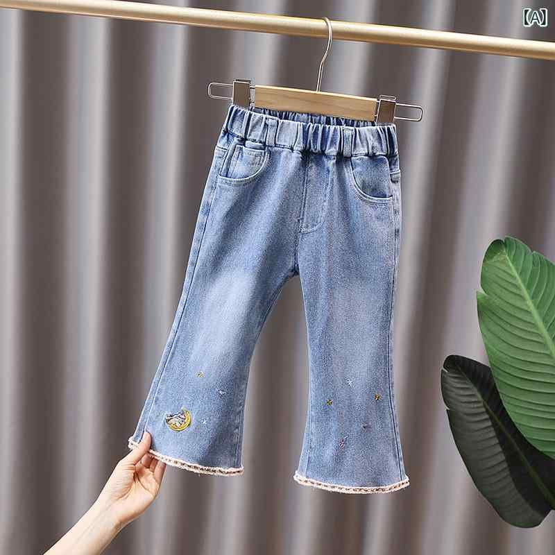 ・カテゴリ: キッズパンツ・スタイル: カジュアル・種類: デニムパンツ・主な素材: 綿80%・丈: ロング丈・対象年齢層: 3〜8歳・デザイン展開: 金星月、裾レース、フリンジ、ウエスト部クマのレザーパッチ、裾ピンクボタン・サイズ展開: ...
