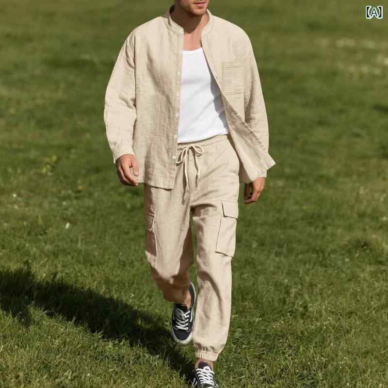・カテゴリ: メンズカジュアルセットアップ・スタイル: 運動カジュアル・主な素材: 亜麻95%・厚さ: 薄手・適用シーン: カジュアル・トップスタイプ: シャツ・トップス袖丈: 長袖・パンツ丈: 長ズボン・カラー展開: カーキ、ライトブルー...