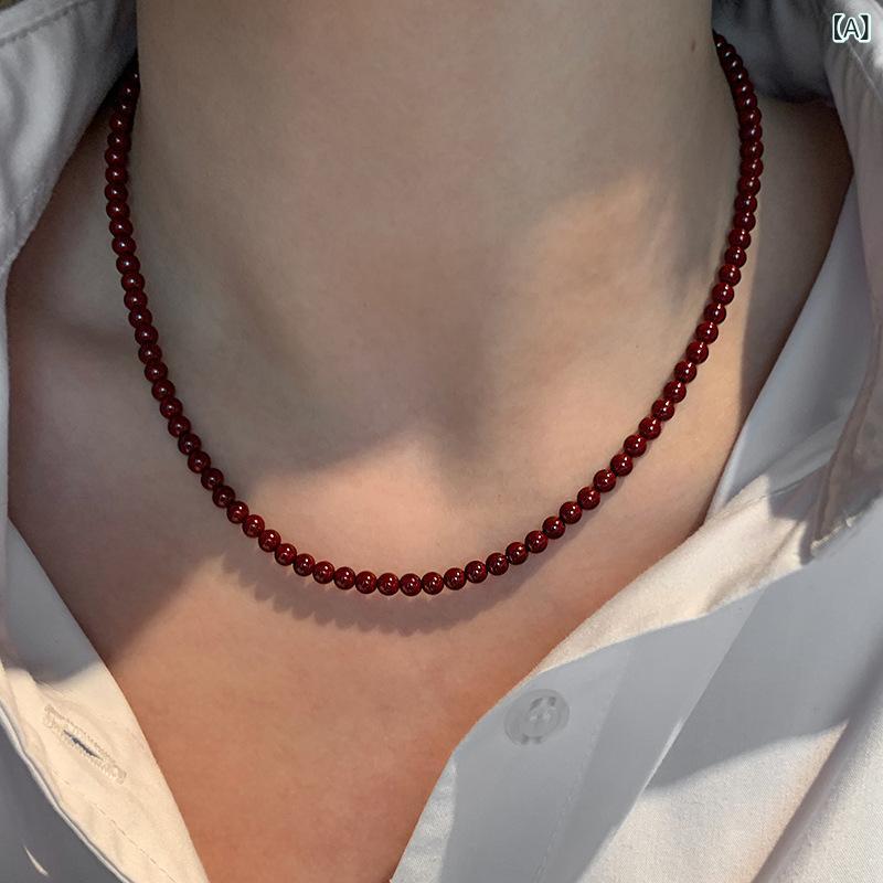 ・カテゴリ: ネックレス・主な素材: 模造パール・ペンダント素材: 人工水晶・加工: 電鍍・チェーンスタイル: 丸玉チェーン・チェーン長さ: 約45cm（調節可能）・周長: 41〜50cm・カラー: 朱砂紅・ビーズサイズ展開: 4mm、6m...