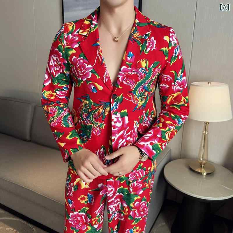 ・カテゴリ: スーツ・スタイル: トレンド・主な素材: 綿混紡・ネックライン: ノッチドラペル・フロント: シングルボタン・シルエット: スリムフィット・厚さ: 標準・柄: プリント・カラー展開: レッド、ブラック・サイズ展開: M、L, ...