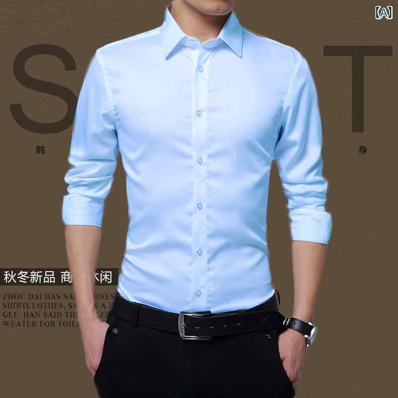 ・カテゴリ: シャツ・性別: メンズ・スタイル: 韓国・シルエット: スリムフィット・主な素材: ポリエステル・生地: シフォン・機能: 洗濯機洗い・ネックライン: 襟付き・袖丈: 長袖・柄: 無地・厚さ: 普通・加工: ノーアイロン加工・...