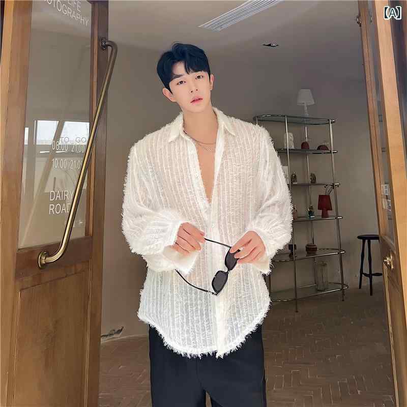 ・カテゴリ: シャツ・主な素材: ポリエステル96%以上・タイプ: 開襟・フィット: ルーズ・ネックライン: 襟付き・袖丈: 長袖・柄: 無地・厚さ: 薄手・詳細: ジャカード・スタイル: アバンギャルド・適用シーン: ダンス・性別: メン...